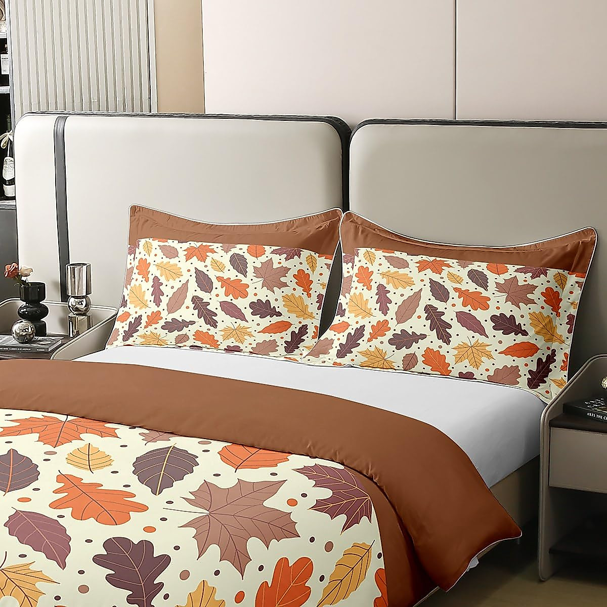 Watercolor Leaves 100% Natural Cotton Duvet Cover Queen Size Cartoon Fall Leaves Rustic Style Comforter Cover with 2 Pillowcases Brown Grid Stripe Autumn Bedding Set 3 Pcs Bed Cover