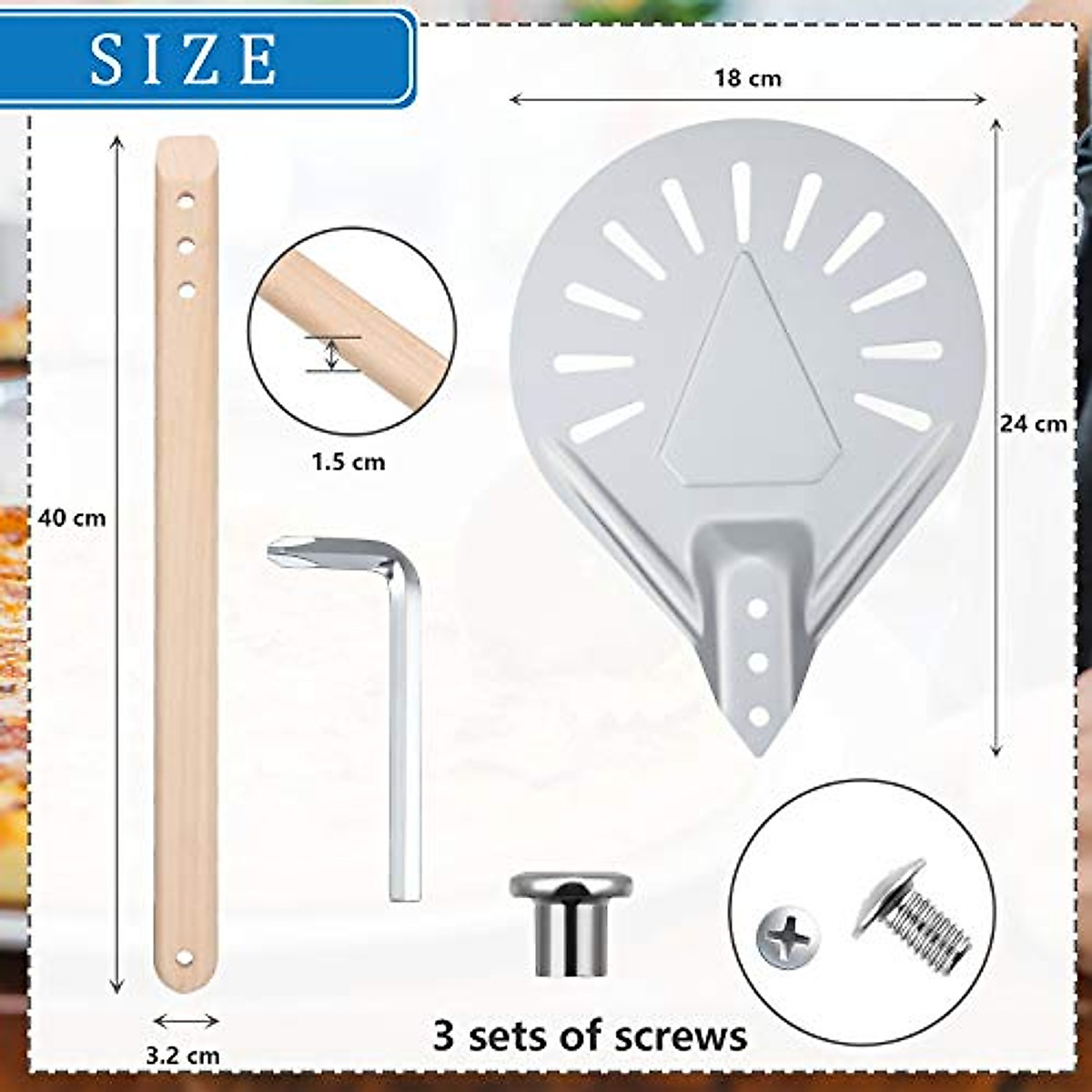 Round Perforated Pizza Peel Non-slip Durable Aluminum Turning Peel Pizza Paddle with 16 Inch Anti-Scalding Wooden Handle for Homemade Pizza Bread Bakers (7 Inch)