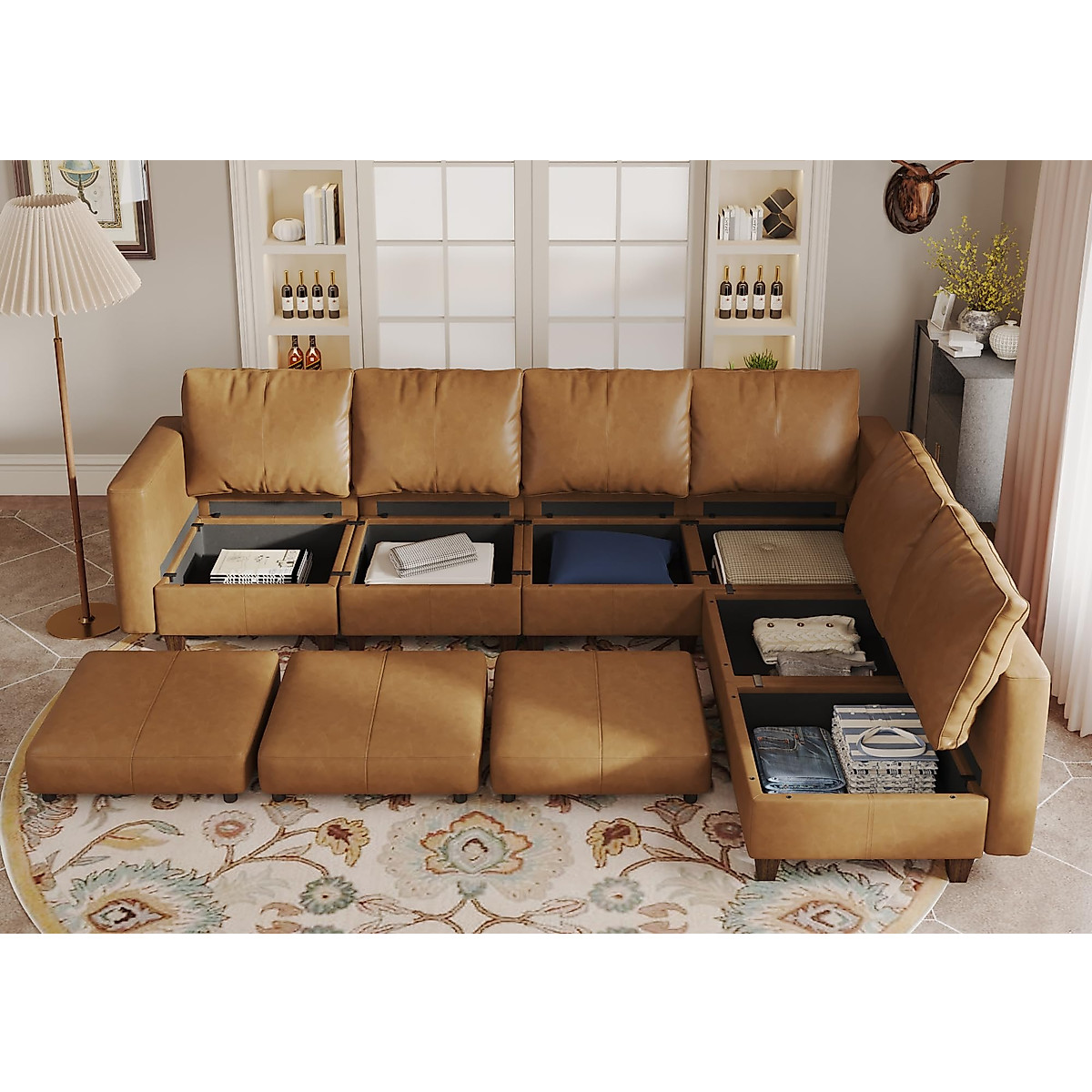 EASE MOOSE Modular Sleeper Sofa Bed Sectional Couch with Storage, Faux Leather Modular Couch Sectional Sofa, Brown