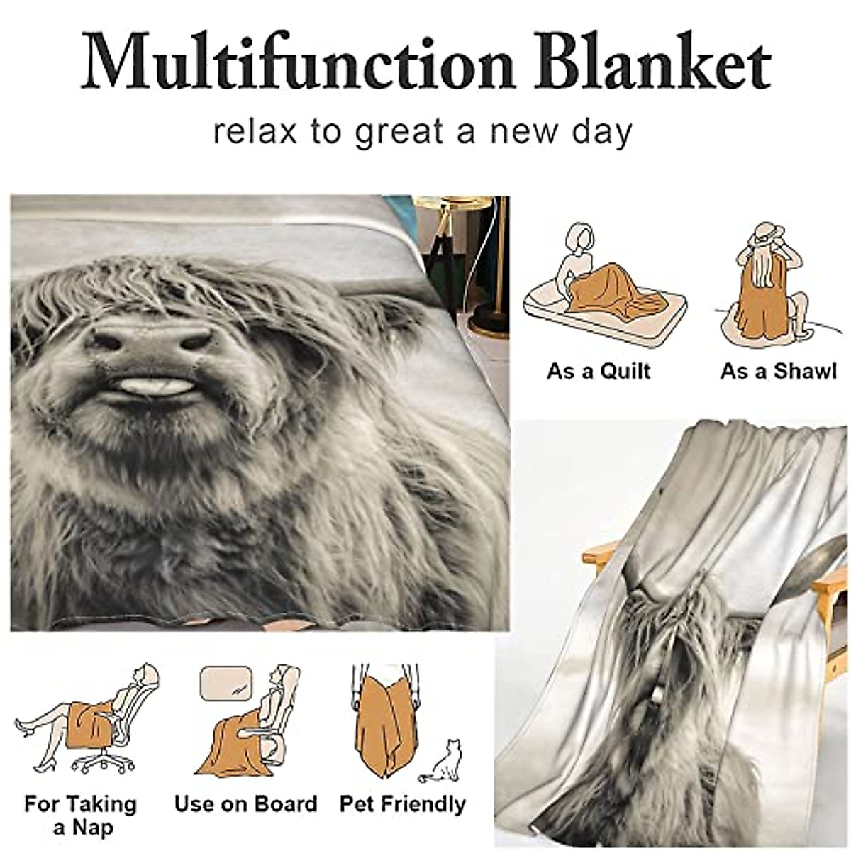 Cow Blanket Long Horn Highland Cow Throw Blankets,Black and White Cattle Landscape Fleece Plush Blanket,Ultra Soft Cozy Fuzzy Sofa Flannel Blanket for Couch Bed Sofa, 50"x40"