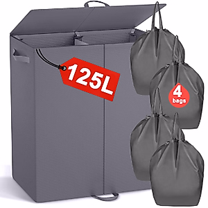 Double Laundry Hamper with Lid and 4 Removable Laundry Bags, Collapsible Laundry Hamper 2 Section Dirty Clothes Hamper with Handles for Laundry, Bedroom, Bathroom, Dorm, Grey