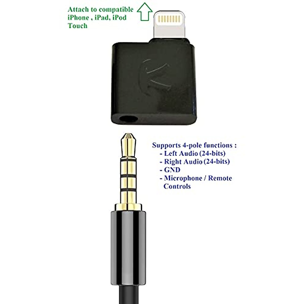 KOKKIA iAudioL (Black) : 24-bit, Tiny Rigid Compatible to Lightning to 3.5 mm Headphone Jack Adapter, Compatible to Lightning Connector iPhone,iPad,iPod Touch with iOS 10 or Later..