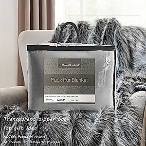 Luxury Faux Fur Throw Blanket, Grey and Black High Pile Mixed Throw Blanket, Super Warm, Fuzzy, Elegant, Fluffy Decoration Blanket Scarf for Sofa, Couch and Bed, 50''x 60''