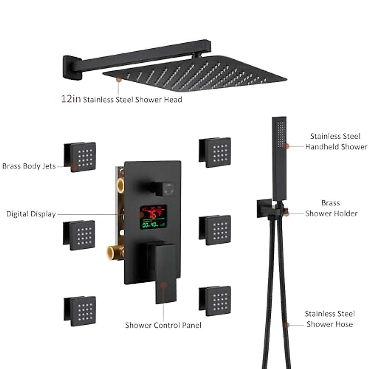 MONDAWE 12 IN Luxury Rain Mixer Combo System with 6-Jet and Handheld Spray, Wall Mounted Led Digital Display for 3-Spray Patterns, Matte Black