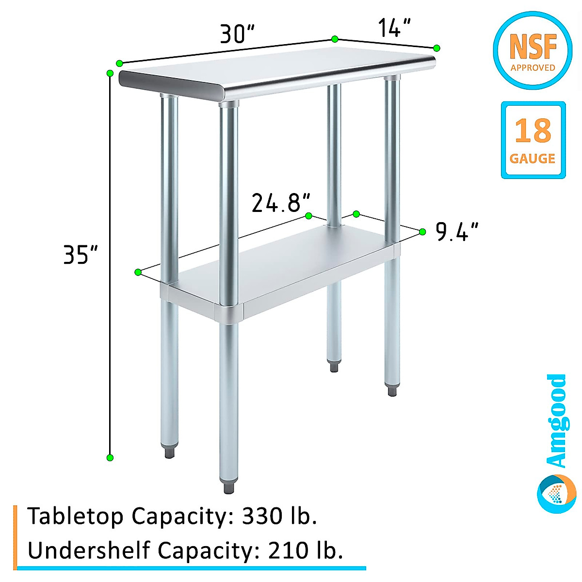 14" x 30" AmGood Stainless Steel Work Table | Metal Kitchen Food Prep Table | NSF | Commercial & Residential Kitchen Laundry Garage Utility Bench