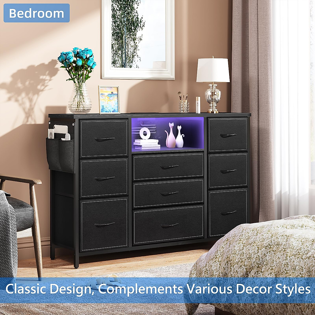 Yenlure Black Dresser for Bedroom Dresser with LED Lights and Charging Station, LED Dresser TV Stand with Drawers Hanging Storage Bag PU Finish, Chests of Drawers for Bedroom Adult, Women, Mens.