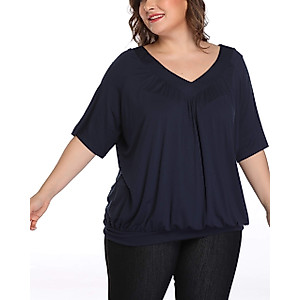 andy & natalie Women's Plus Size Tops Pleated V Neck Loose Baggy Blouse T Shirts Blue
