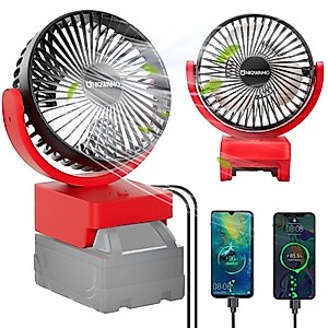 Uniqwamo Portable Rechargeable Fan Compatible For Milwaukee M18 18V 48-11-1850 48-11-1862 Lithium-Ion Battery, Jobsite Battery Operated Fan With 3 Speeds Control，USB +Type C(Battery not Included)