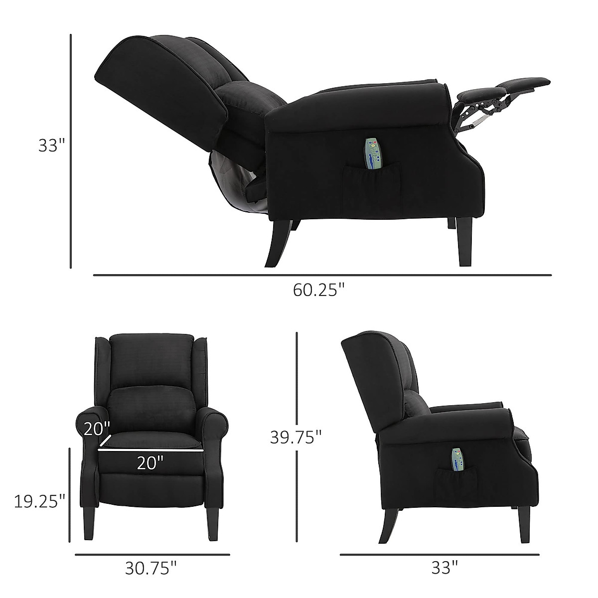 HOMCOM Wingback Heated Vibrating Massage Chair, Accent Sofa Vintage Upholstered Massage Recliner Chair Push-Back with Remote Controller, Black