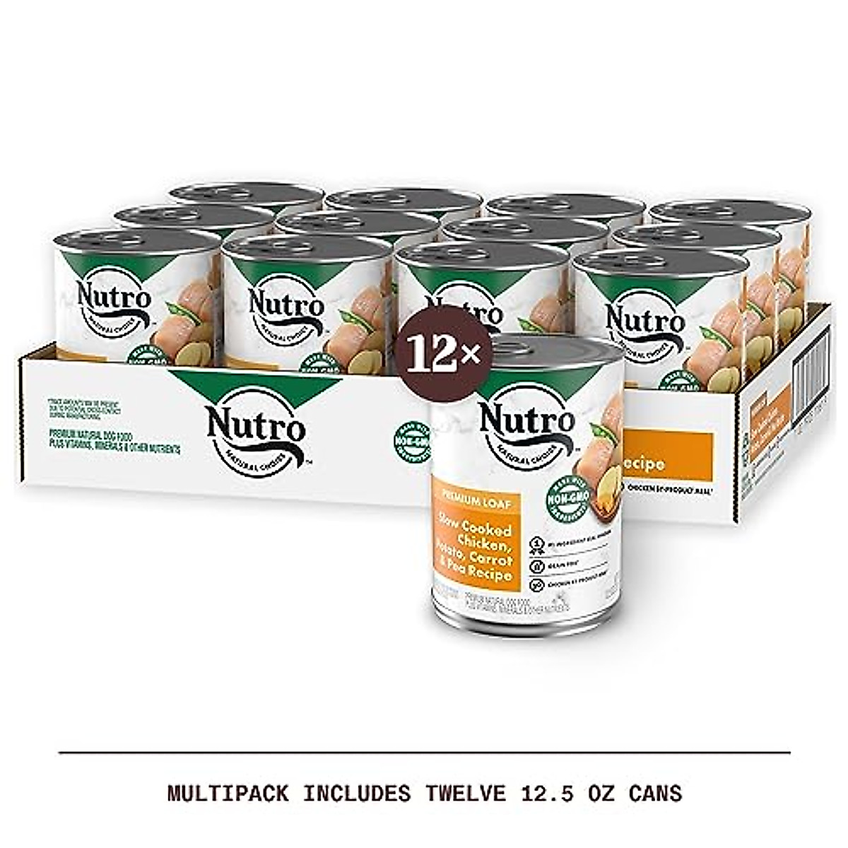NUTRO PREMIUM LOAF Adult Natural Grain Free Wet Dog Food Slow Cooked Chicken, Potato, Carrot & Pea Recipe, 12.5 oz. Cans (Pack of 12)