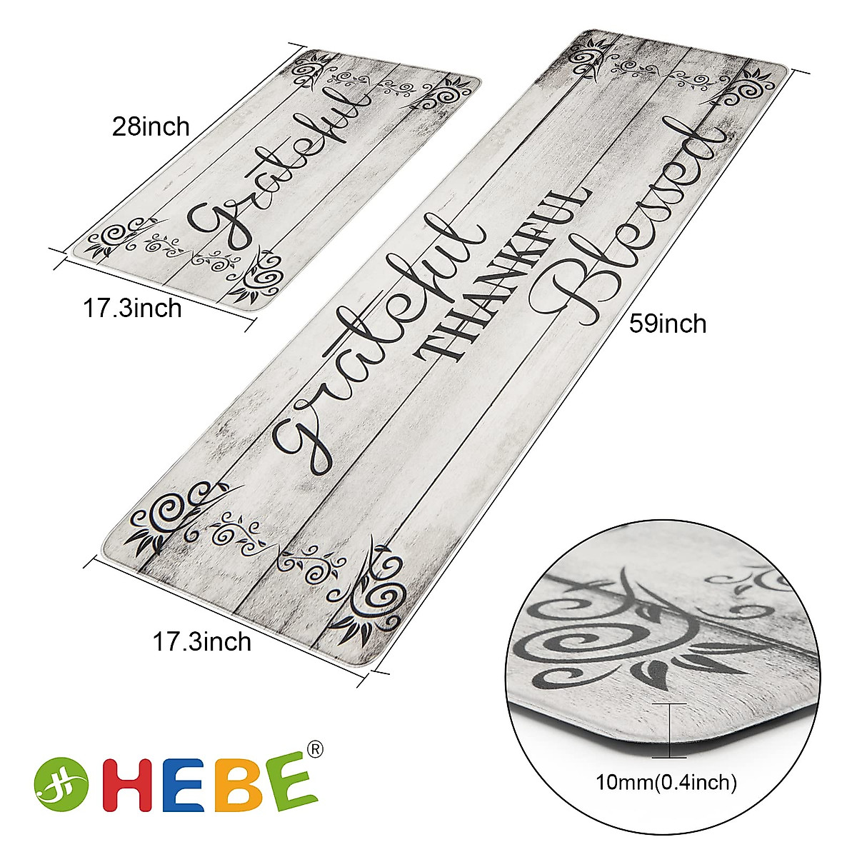 HEBE Anti Fatigue Kitchen Mat Set of 2 Non Slip Cushioned Kitchen Mats for Floor Waterproof Farmhouse Kitchen Rugs and Mats Set Comfort Standing Desk Mat Carpet for Sink,Office,Laundry