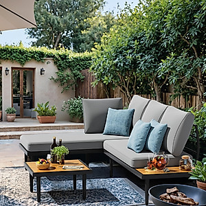 Devoko Outdoor Sectional Furniture Patio Sectional Sofa with Acacia Wood Table, Patio L-Shaped Conversation Set with All-Weather Cushion for Patio,Garden,Backyard(Gray)