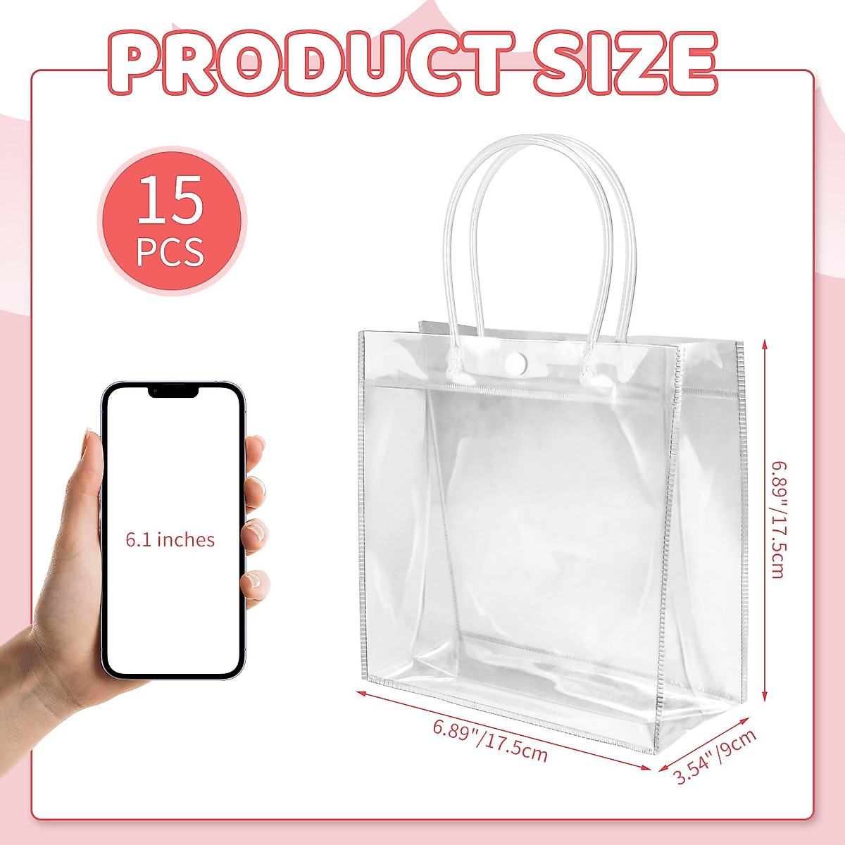 BadenBach 15 PCS Clear Gift Bags with Handles,6.89" x 6.89" x 3.54",Plastic Clear Gift Bags Clear Goodie Bags Clear Favor Small Tote Bags for Wedding Birthday Baby Shower Party Halloween Christmas