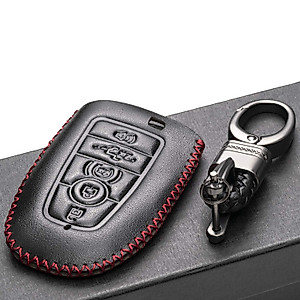 Vitodeco Leather Smart Key Fob Case Compatible with Ford Escape 2023, Bronco 2023, Explorer 2023, Edge 2023, Expedition 2023, F-150, Mustang 2023, F150 2023 and More Models (5-Button, Black/Red)