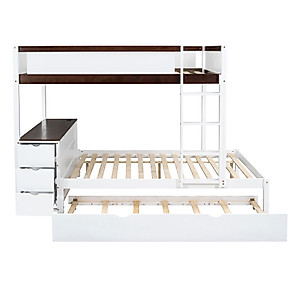 Harper & Bright Designs Full Over Full Bunk Bed Twin Size Trundle, Wood Full Bunk Bed with USB Ports, Storage and Desk, White+Walnut