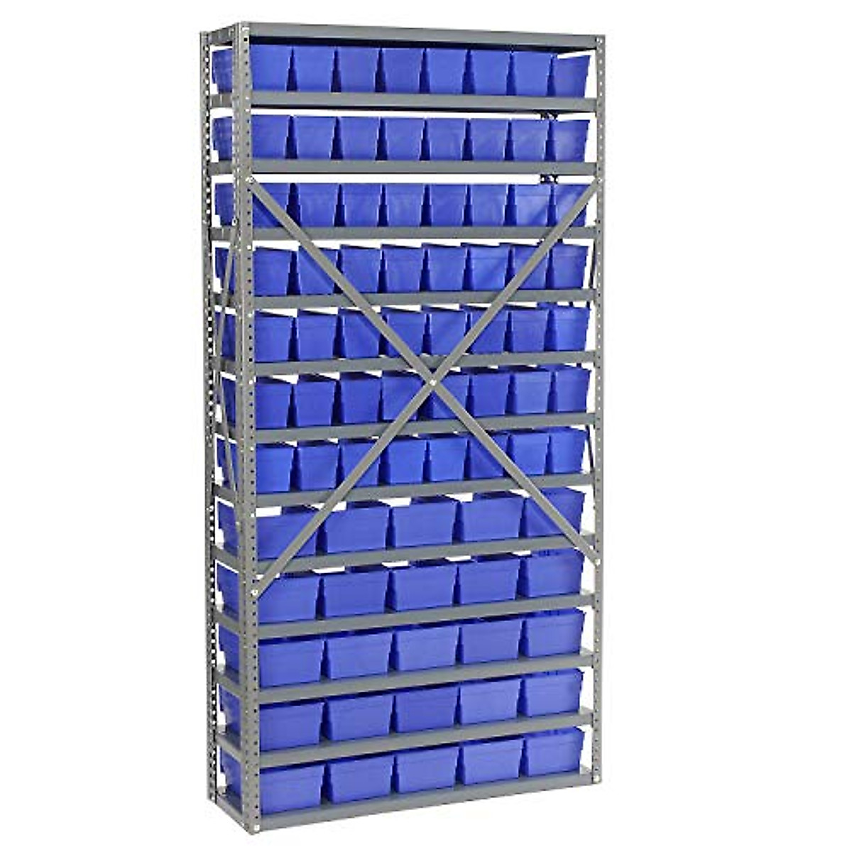 Global Industrial 13 Shelf Steel Shelving with (81) 4" H Plastic Shelf Bins, Blue, 36x12x72