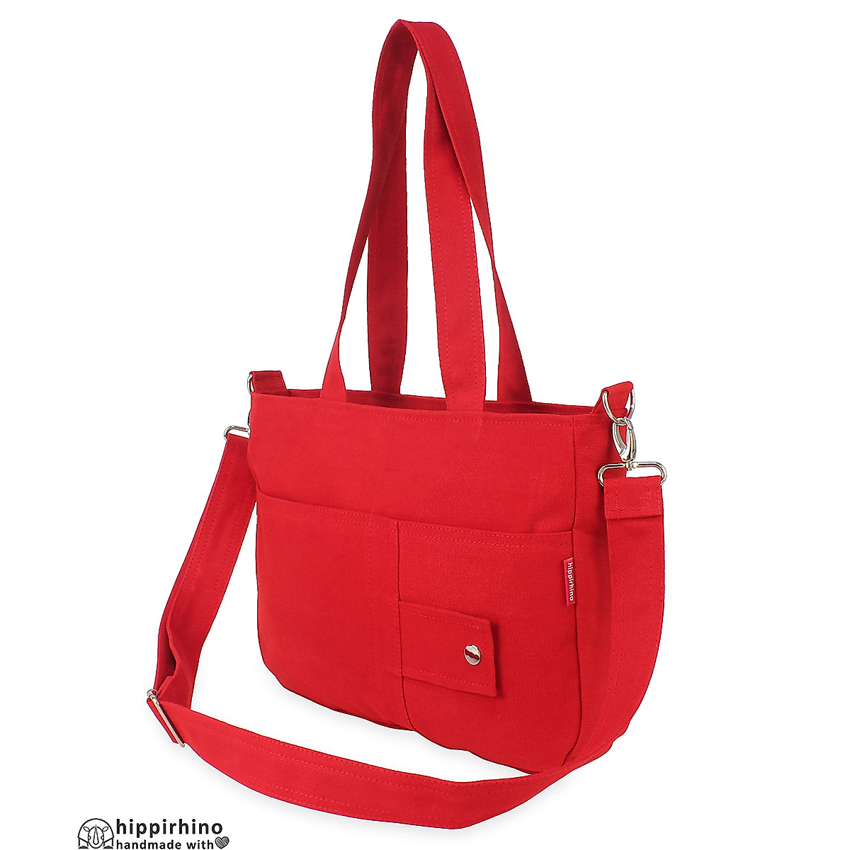 Women's Canvas Shoulder Bag Crossbody Detachable Strap Multi Pockets Messenger Bag Zipped Closure Purse Red