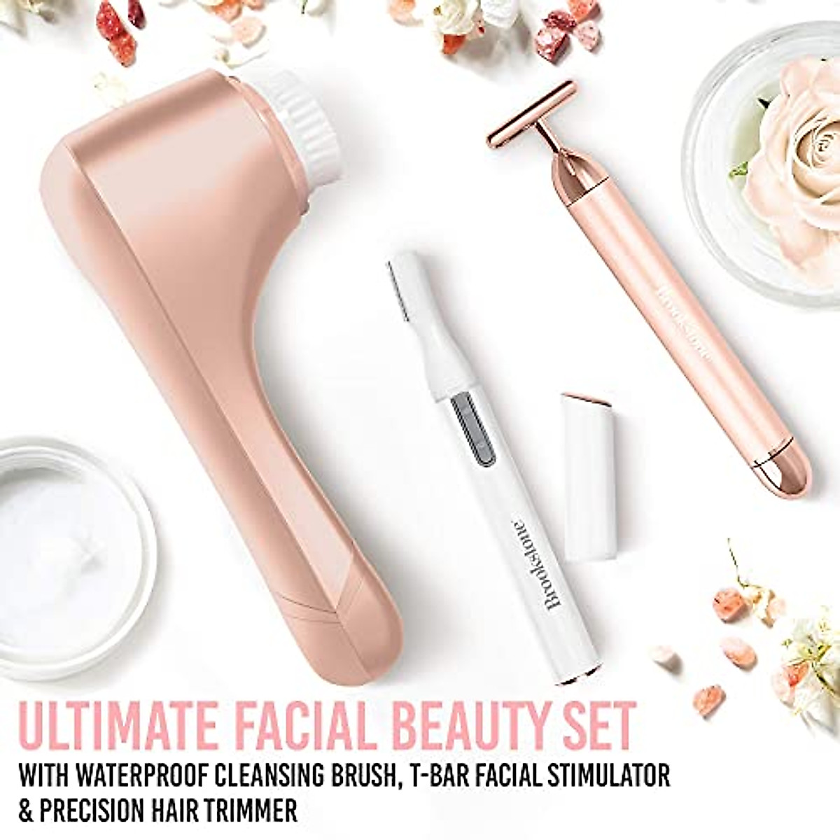 Brookstone 3-in-1 Rose Gold Facial Skin Care Set | Facial Skin Care Products Include Facial Cleansing Brush, T-Bar Face Massager and Facial Epilator | Perfect Gift