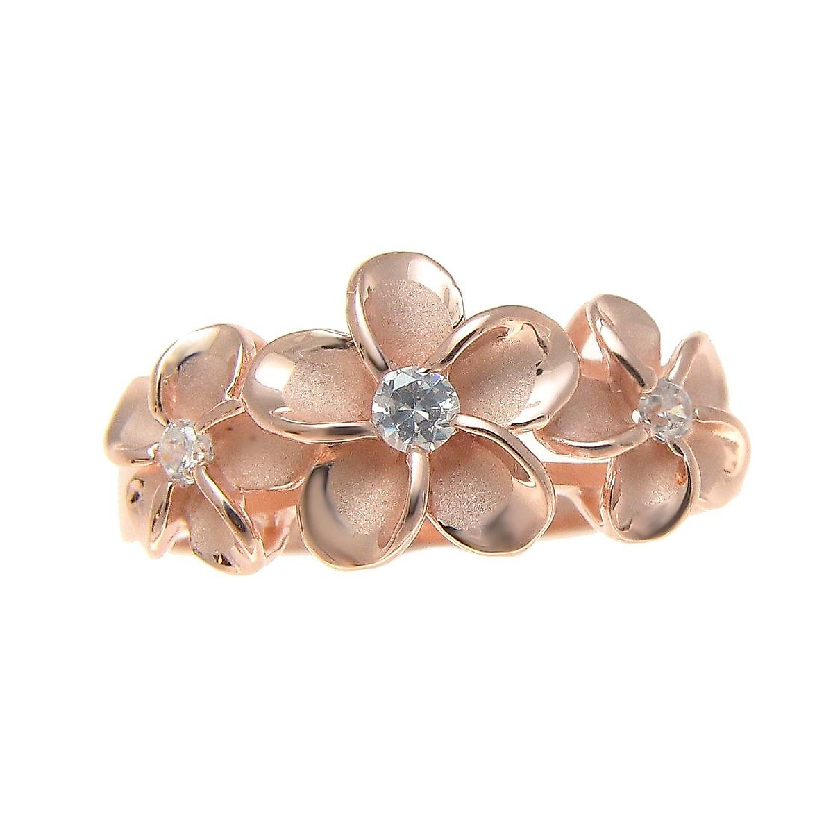 Arthur's Jewelry Pink rose gold plated sterling silver 925 Hawaiian 3 cz plumeria flower ring size 7