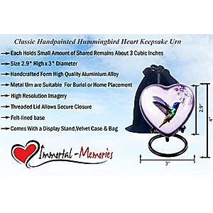 Hummingbird Heart Keepsake Urn, Hummingbird Mini Heart Urn for Ashes, Hand Painted Sharing Heart Urn with Stand, Velvet Case & Bag (Heart Keepsake)