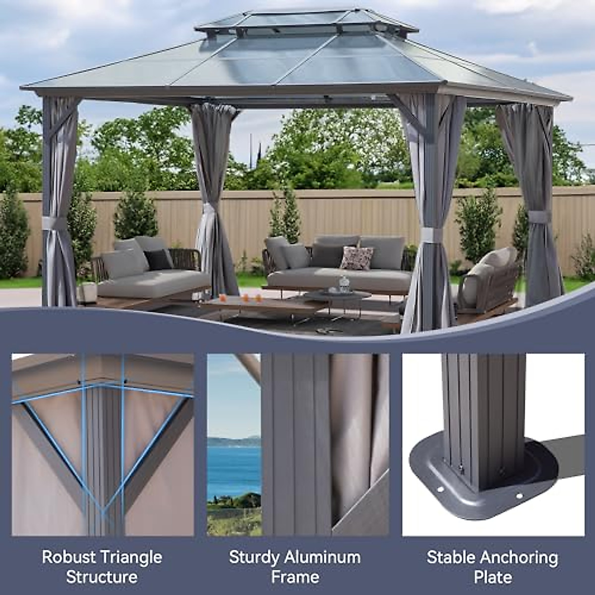 Joyside 10x13 ft Outdoor Hardtop Gazebo with Double-Tier Polycarbonate Roof, Aluminum Frame Gazebo with Netting and Curtain Included, Suitable for Lawn Backyard Patio