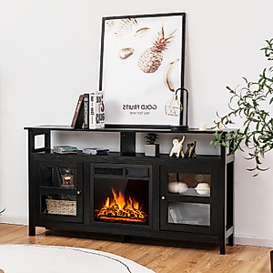 Tangkula Fireplace TV Stand, Farmhouse Media Console Table w/18 1500W Electric Fireplace for Flat Screen TVs up to 65", Modern Fireplace Space Heater w/Adjustable Brightness & Remote Control (Black)