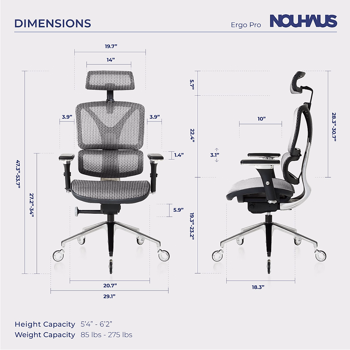 Nouhaus Ergonomic Office Chair Lumbar Support Aluminum Alloy Backrest, Big and Tall Mesh Computer Desk Chair with Adjustable Headrest, 4D Armrest and Premium Wheels(ErgoPRO,Silver)