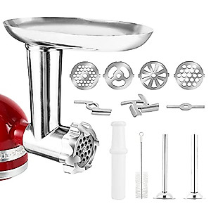 LOCULL Metal Food Grinder Attachment for KitchenAid Stand Mixers, Durable Food Grinder Attachment for KitchenAid, Accessories Includes Two Sausage Stuffer Tubes, 3 Grinding Blades, Cleaning Brush