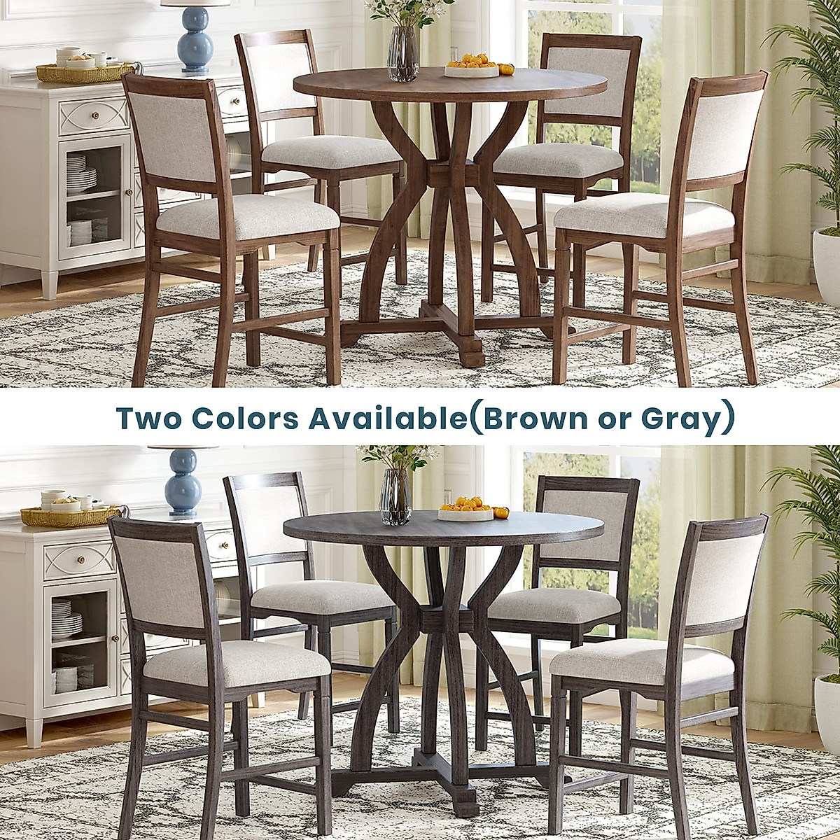 Bellemave Round Dining Set 5-Piece Farmhouse Kitchen Table and Chairs for 4, Wood Round Dining Table Set with Trestle Legs and 4 Upholstered Dining Chairs for Small Place, White Gray