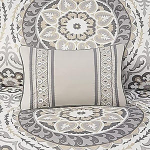 Madison Park Essentials Serenity Bed in a Bag Comforter Set, Medallion Damask Design, All Season Bedding with Cotton Sheet Set, Bedskirt, Queen(90"x90"), Taupe 9 Piece