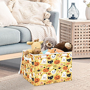 Large Collapsible Storage Bins with Lids, Halloween Pumpkin Ghost Storage Baskets Organizer Containers with Handles for Nursery Clothes Toys
