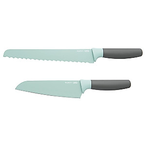 Berghoff LEO Non-stick Sharp Serrated Stainless Steel Blade Set of 2pc Santoku & Bread Knives Ergonomically Designed Handle PP Fitted Protective Sleeve Well-balanced Soft-touch PP Handle