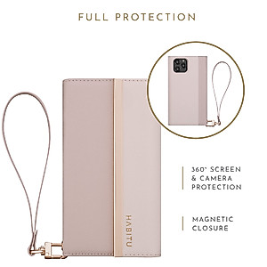 HABITU [Folio Collection 2022] Eris Tri-Fold Pink Wallet Case for iPhone 12/12 Pro, Detachable Vegan Leather Magnetic Folio with Card Pockets, Mirror & Strap for Women, Pink Eris