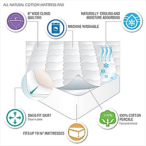 Sleep Philosophy All Natural Cotton Filled Mattress Pad Washable Bed Protector, Queen, White