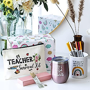 Hereman's Teacher Appreciation Gift Sets -Basket for Women, Back to School Gift, Christmas 12oz Wine Tumbler, Bookmarks, Ceramic Pen Holder, Pouch Bag, Rose Gold
