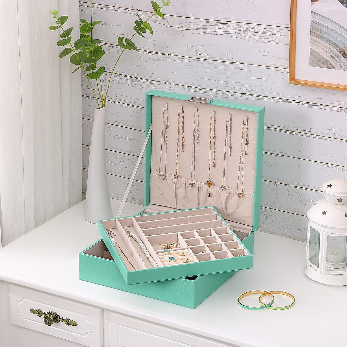 BEWISHOME Jewelry Box Gifts for Girls Women Jewelry Organizer Box 2 Layers Velvet Jewelry Boxes with Necklace Hooks, PU Leather Jewelry Storage Case for Rings, Earrings, Bracelets Cyan SSH71Q