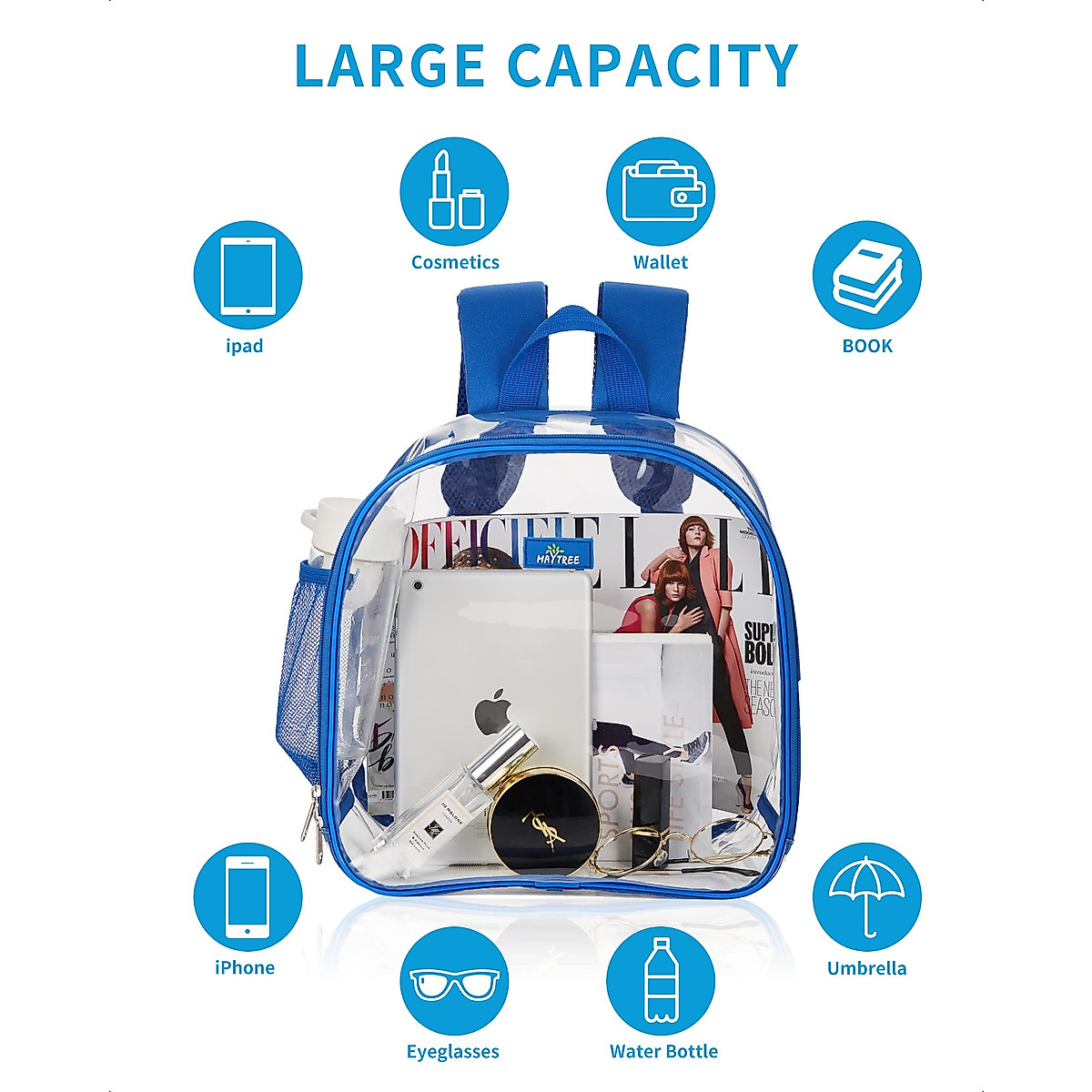 Bgenius Clear Backpack Stadium Approved, Small Clear Backpack with Padded Shoulder Straps for School Security Travel Concert Sport Events - Blue