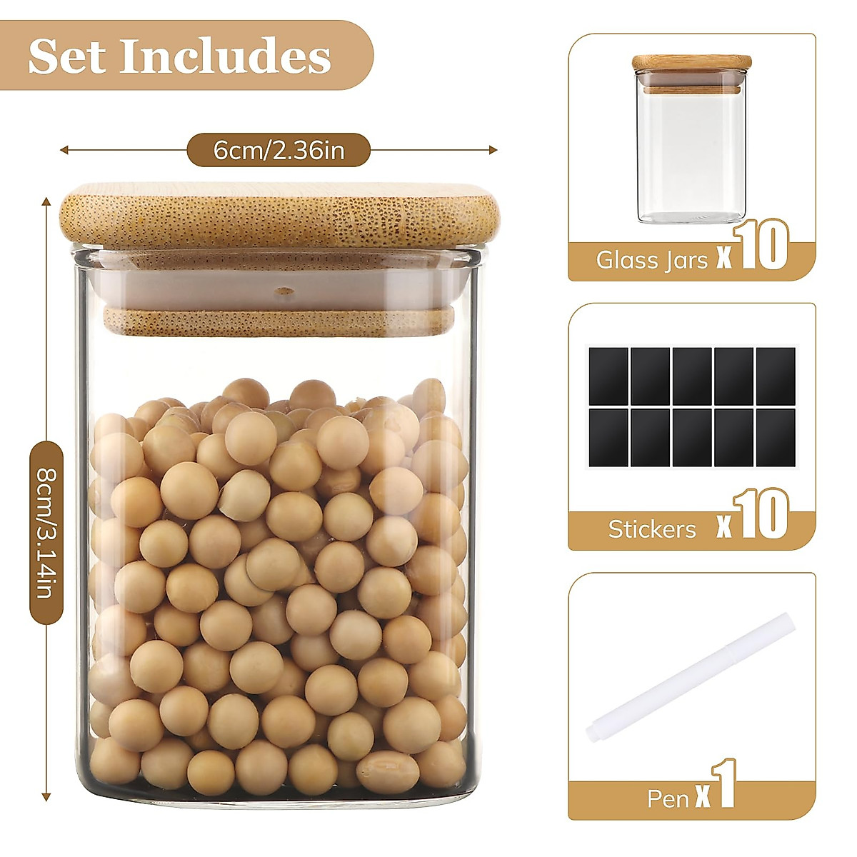 QLoztyse Glass Jars with Bamboo Lids - 9oz Glass Canisters with Airtight Lids Clear Pantry Storage Containers Small Square Glass Canister Set for Kitchen Spice (Set Of 10)