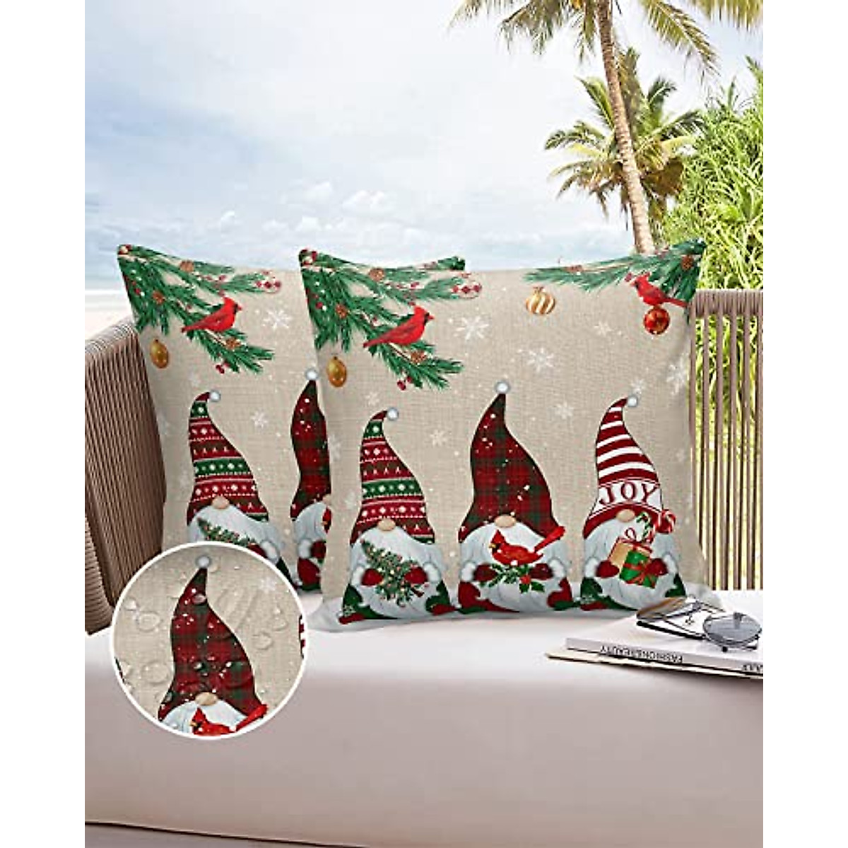 Christmas Gnomes Outdoor Pillow Covers 18 x 18 Inches, Winter Snowflake Waterproof Throw Pillow Cover Set of 2, Xmas Balls Pine ConeHome Decorative Square Cushion Covers for Patio/Tent/Couch/Garden