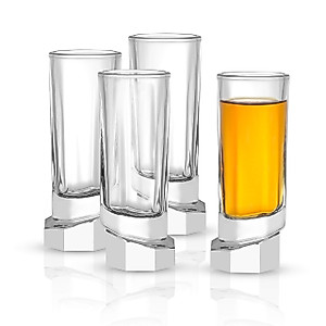JoyJolt Aqua Vitae Shot Glass Set of 4. Crystal Shot Glasses, Round Clear Shot Glasses Set with Octagon Base. 1 – 2 oz Cups for Tequila, Limoncello, Vodka or Aperitif. Fun Christmas Gifts
