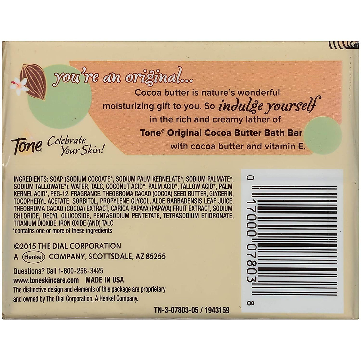(PACK OF 6 BARS) Tone Soap Bath Bar, Original Scent. COCOA BUTTER, BOTANICALS & VITAMIN-E. Rich & Creamy Lather! Great for Hands, Face & Body! (6 Bars of Soap, 4.25oz Each Bar)