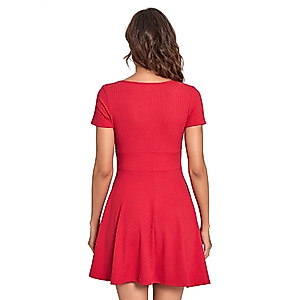 Verdusa Women's Surplice Neck Short Sleeve Mini Wrap A Line Fit and Flare Dress Red L