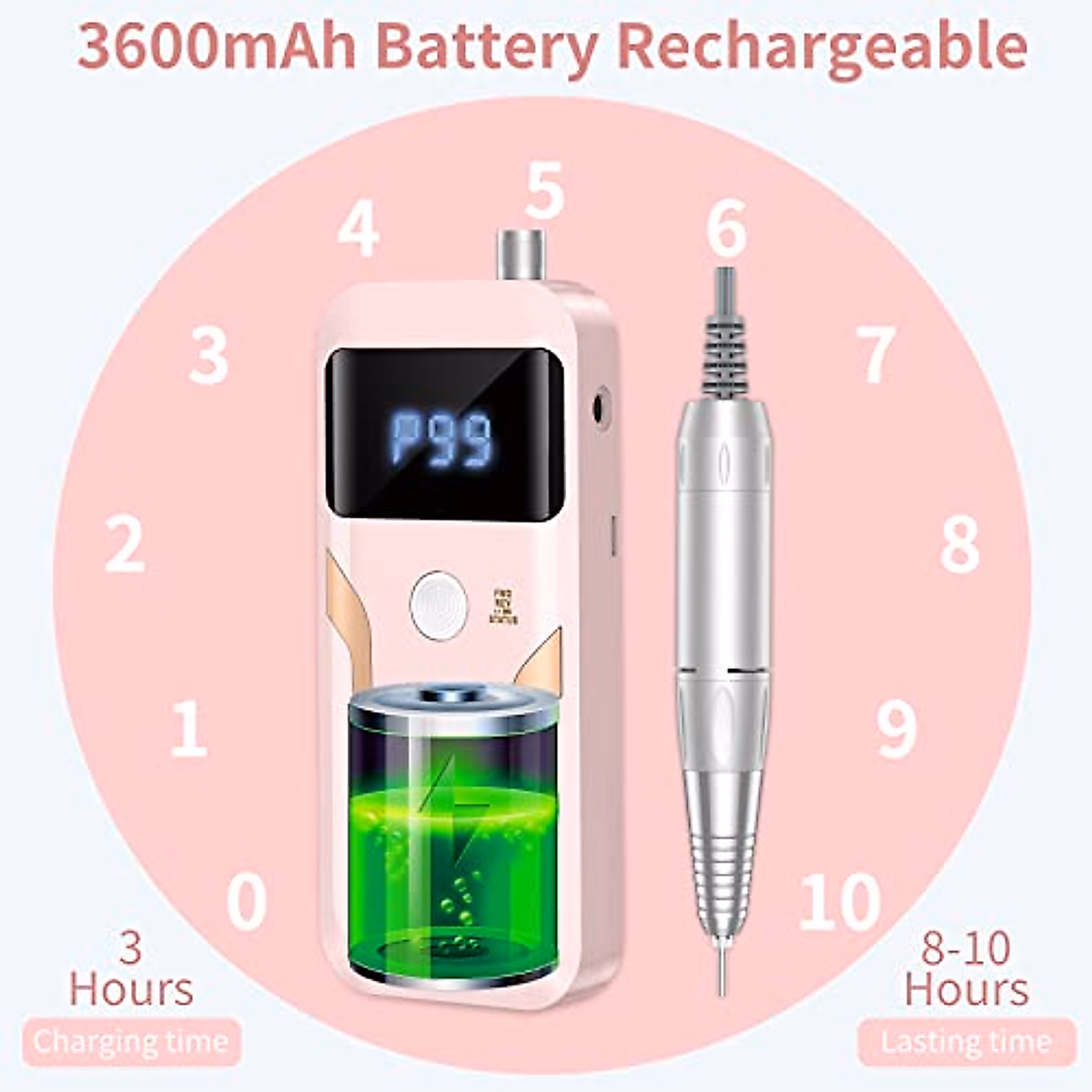 Portable Nail Drill Professional 35000 RPM, Rechargeable Electric Nail File Machine E File for Acrylic Nails Gel Polishing Removing, Cordless Efile with Bits Kit for Manicure Salon Home, Pink