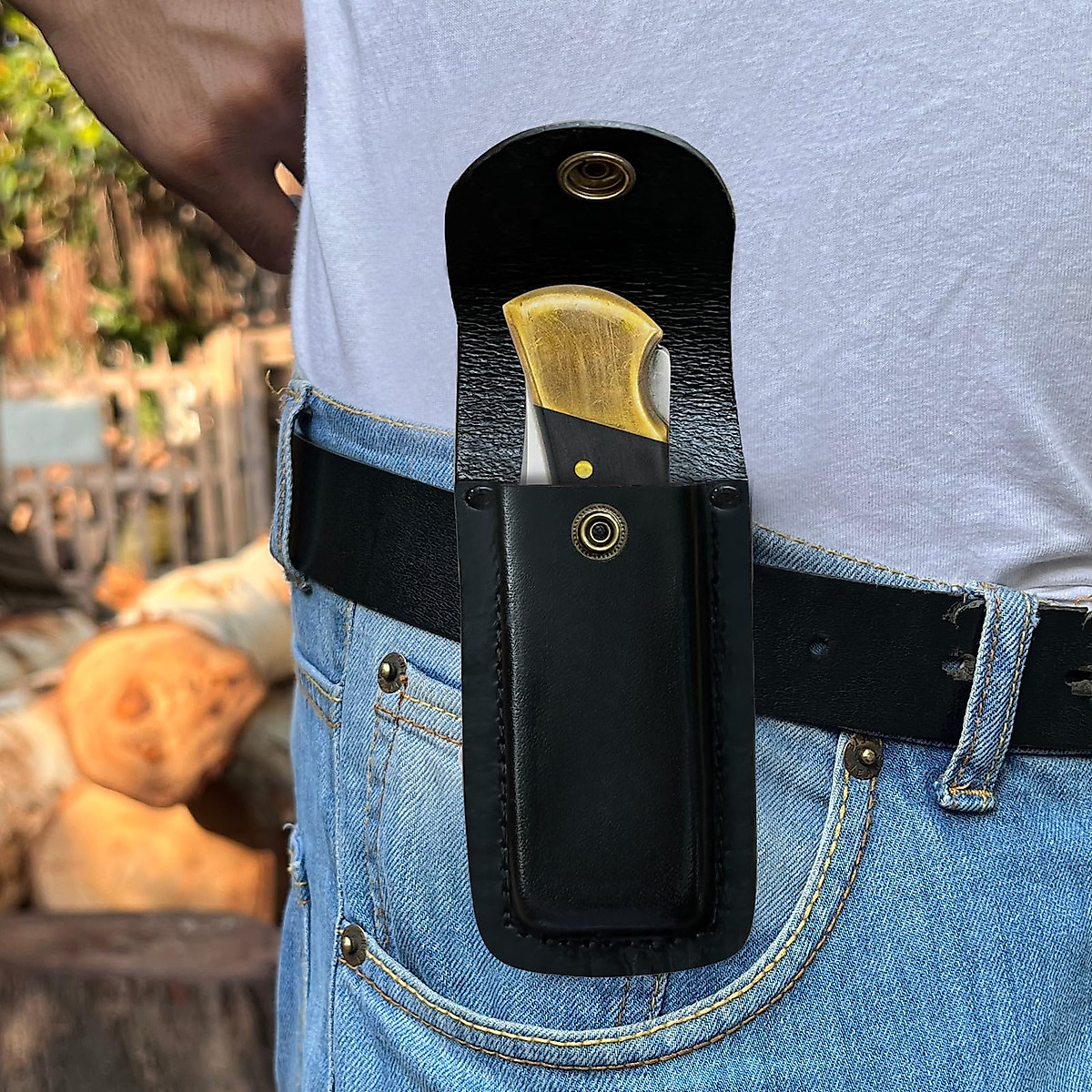 LEATHUX Leather Knife Sheath for Belt, Handmade 5.5” Folding Knife Buck 112 & Buck 110 Sheath, Pocket Knife Holster, Black