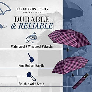 LONDON FOG Mini Rain Umbrella, Automatic Folding Umbrella, Windproof, Lightweight and Packable for Travel, Full 42 Inch Arc, Purple Tartan