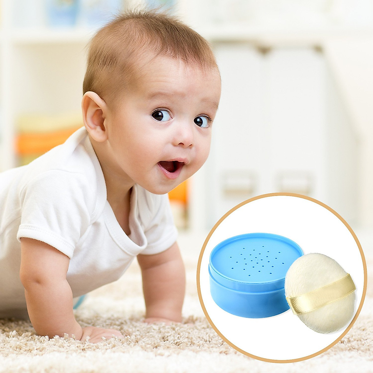 Gejoy 2 Sets 3.5 x 2.4” Large Baby After-Bath Powder Puff Box Empty Body Powder Container with Bath Powder Puffs and Sifter for Home and Travel