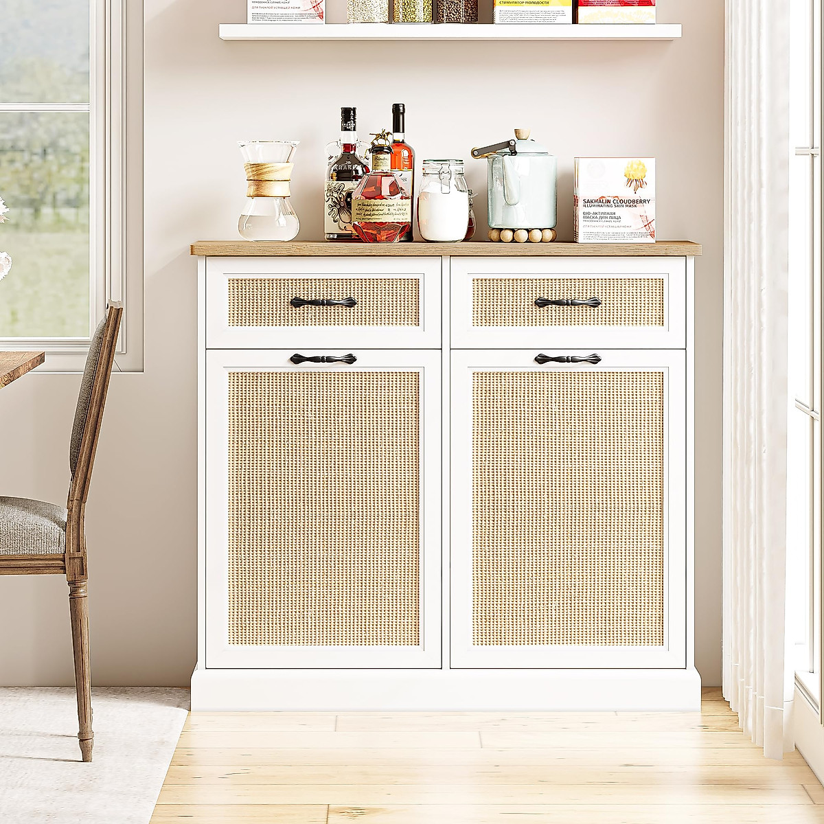 GAOMON Trash Storage Cabinet for 20 Gallons, Double Tilt Out Trash Cabinet Freestanding for Kitchen Dining Living Room, Hidden Garbage Bin Cabinet Dual Doors - Rattan