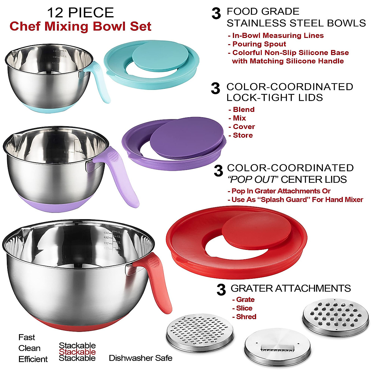 Stainless Steel Mixing Bowls with Lids (Set of 3) - Features Long Handles, Pour Spout, Non Slip Colorful Silicone Bottom, 3 Graters, & Measurement Marks. Ideal for Baking, Serving, Food & Salad Prep.