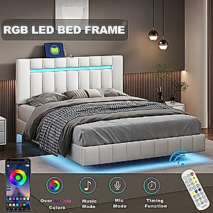 Modern Upholstered Platform LED Bed Frame, Queen Size Upholstered Bed with LED Lights and USB Charging, Floating Bed Frame with Wood Slats Suooprt, No Box Spring Needed (White, Floating Bed Frame 6)