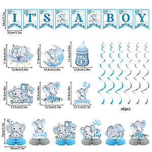 Vlipoeasn Elephant Baby Shower Decorations for Boy, Blue 42PCS Baby Shower Supplies, Mommy to Be Sash, It's a Boy Backdrop, Cake Topper, Cute Honeycomb, Hanging Swirl Flag, Baby Boy Shower Decor